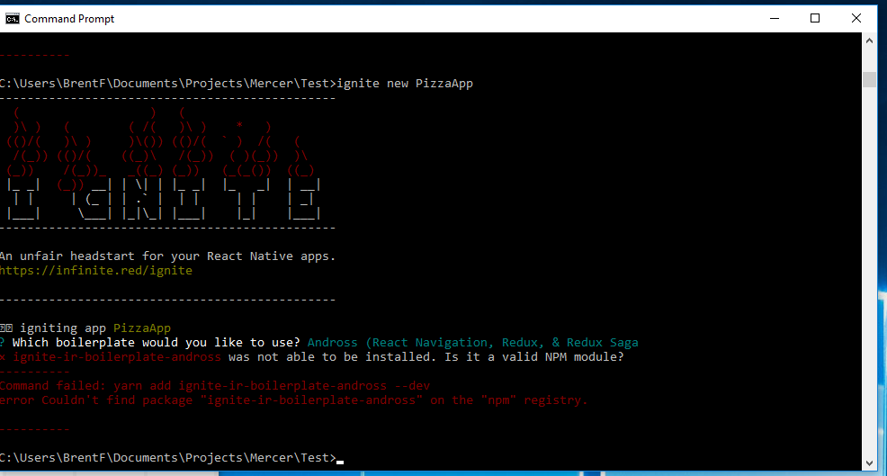 Command Failed : yarn add ignite-ir-boilerplate --save · Issue #1260 · infinitered/ignite · GitHub