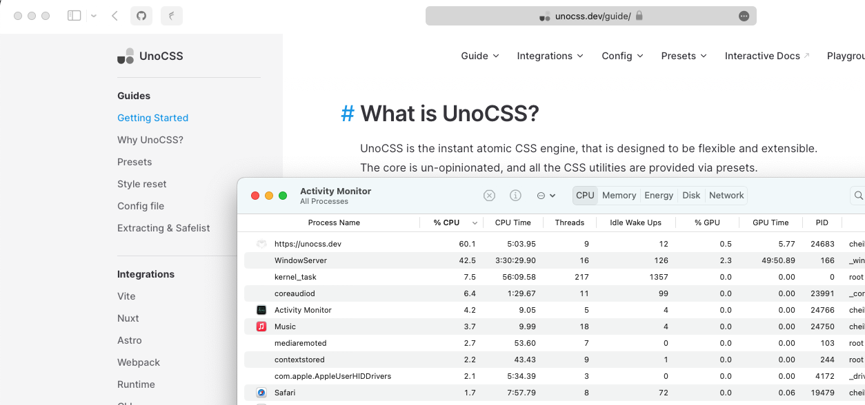 Documentation site use uneccessary CPU. · unocss unocss · Discussion #2497 · GitHub