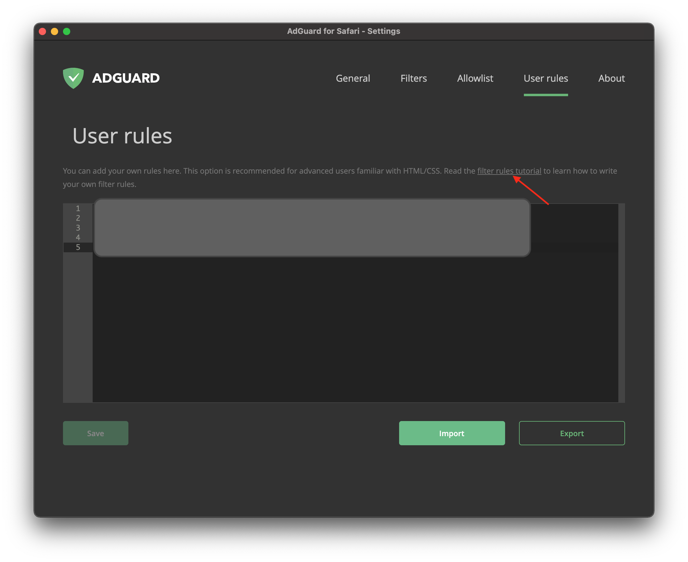 Please fix the color of the link (filter rules tutorial) in "User rules ...