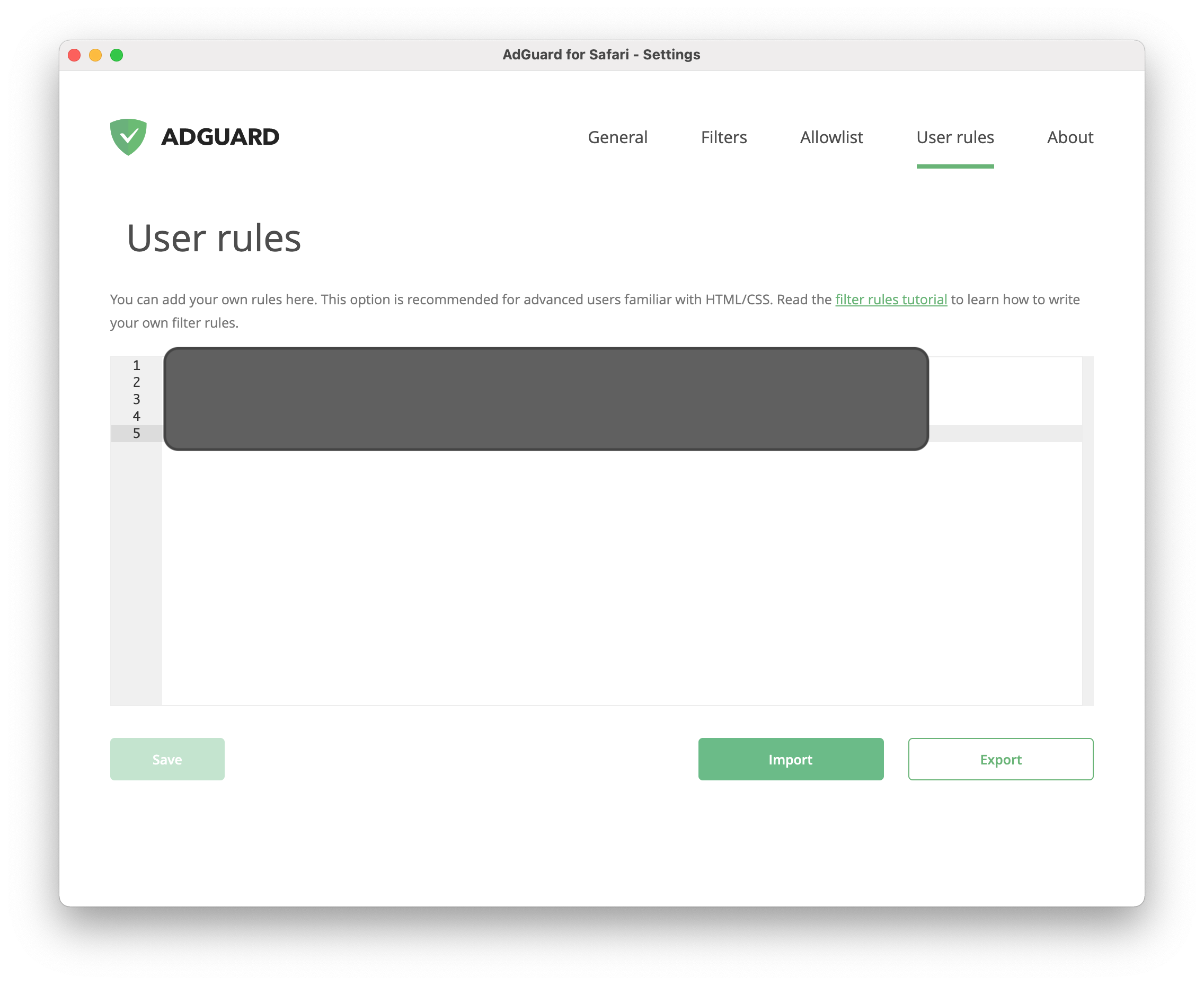 Please fix the color of the link (filter rules tutorial) in "User rules ...