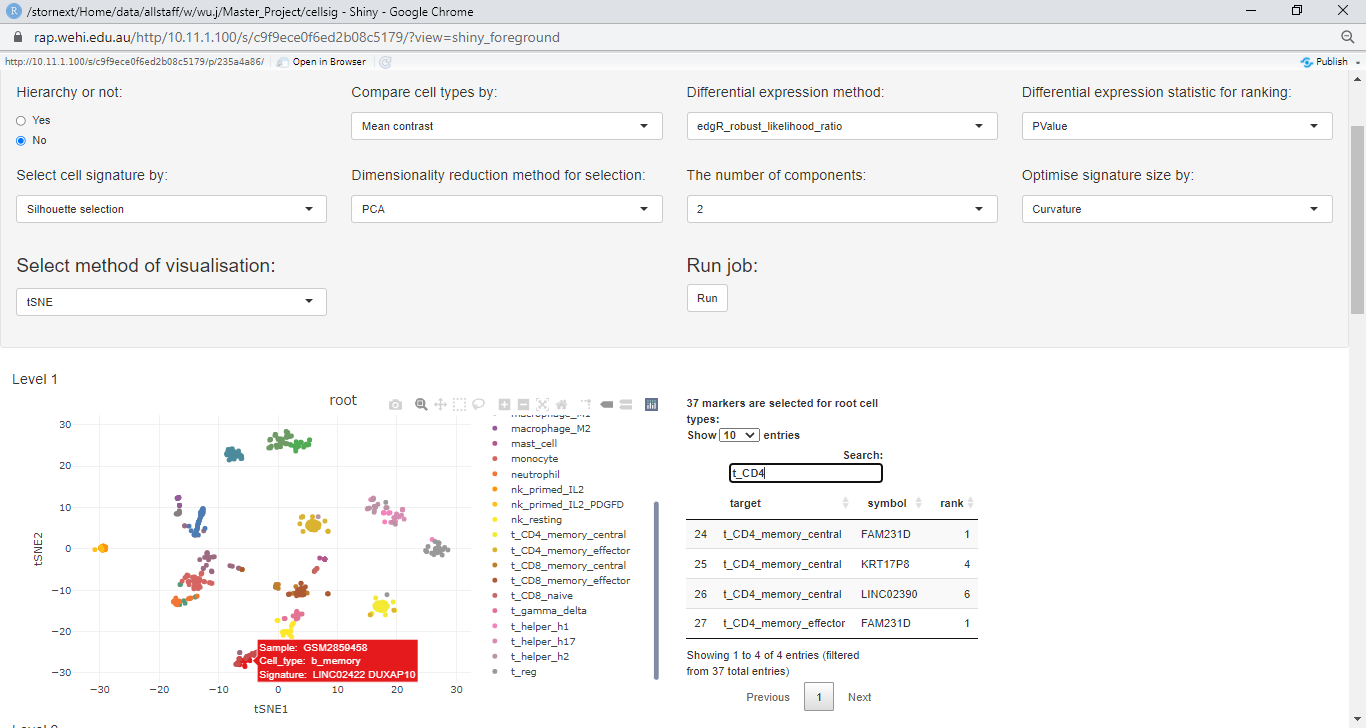 interactive visualisation of leaf cell type separation at each level and their signatures ...