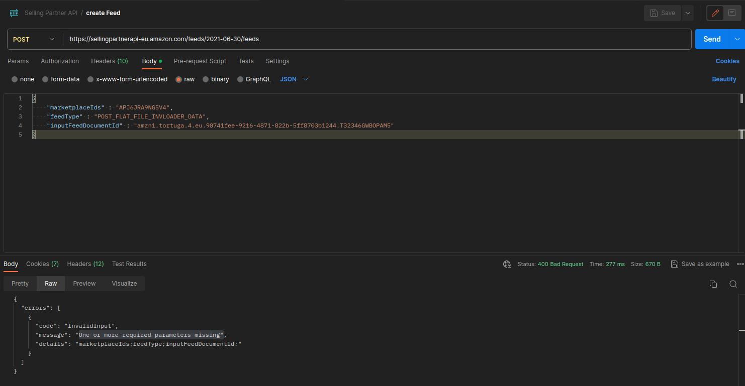 createFeed() operation returns "Invalid Input - One or more required ...