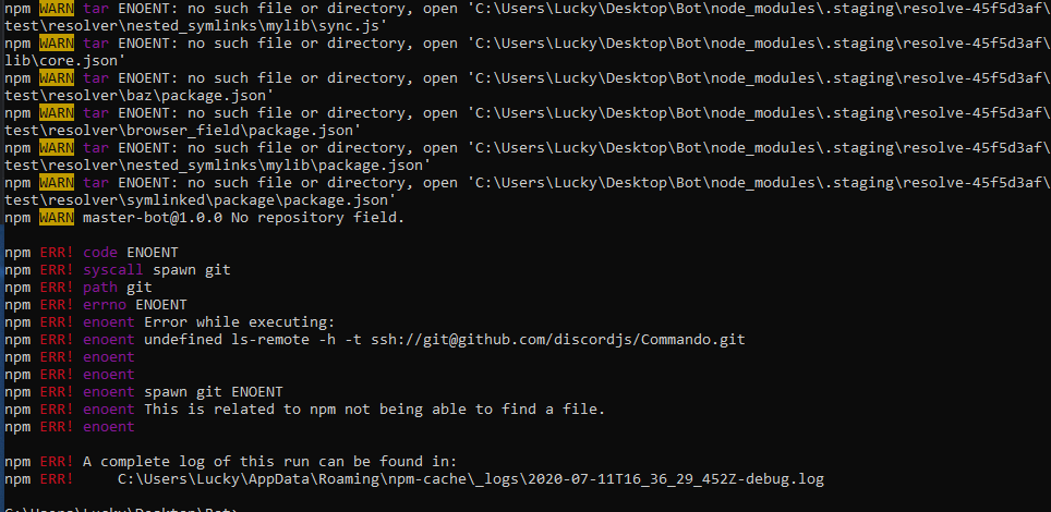 Cant Install the node modules · Issue #115 · galnir/Master-Bot · GitHub