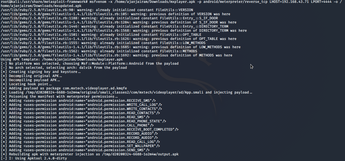 Msfvenom ruby and apktool error · Issue #13129 · rapid7/metasploit-framework · GitHub