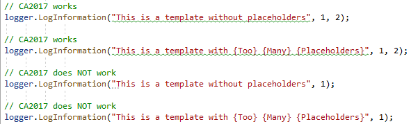 Logging analyzer CA2017 does not work when a single argument is passed after the template string ...