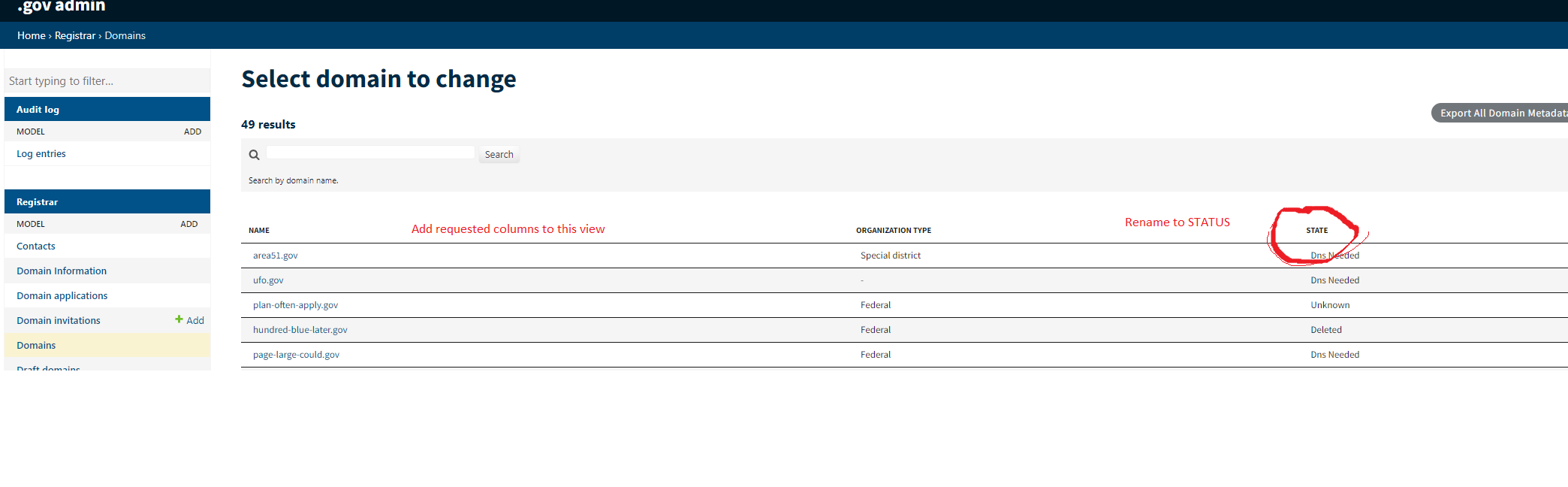 UX: Add columns to "Select a Domain" view in Django Admin · Issue #1270 · cisagov/manage.get.gov ...