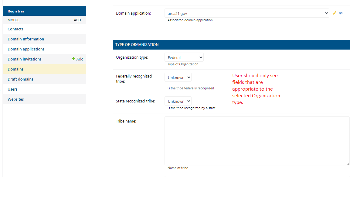 Django Admin, dynamically display fields based on Org Type · Issue #1273 · cisagov/manage.get ...