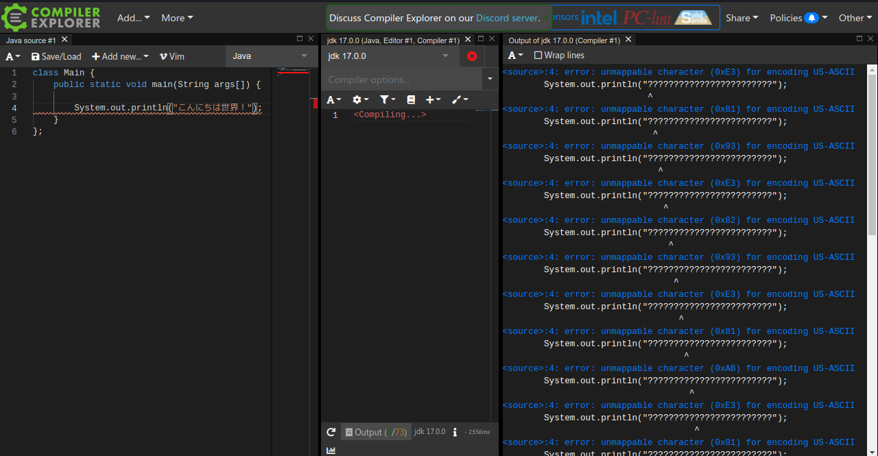 [BUG]: Java is set to US-ASCII · Issue #3093 · compiler-explorer/compiler-explorer · GitHub