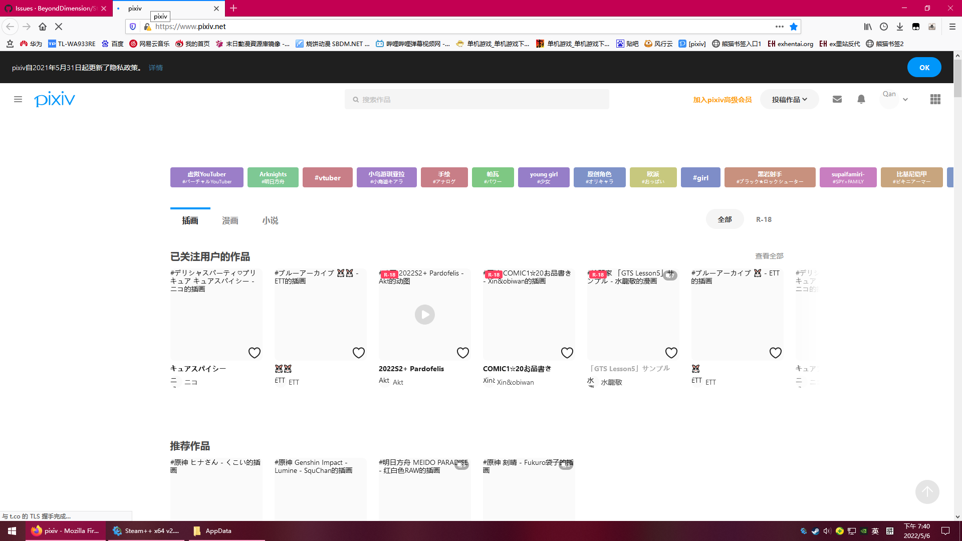 🧐[Question] 加速p站pixiv后还是加载不了内容 · Issue #1346 · BeyondDimension/SteamTools · GitHub