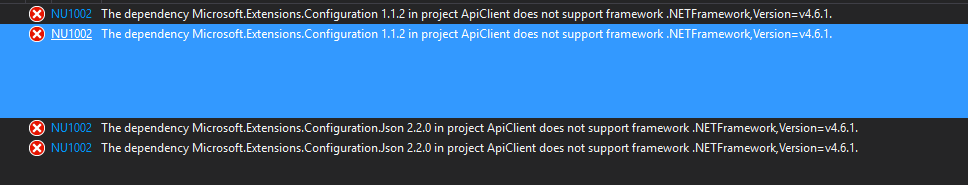 I can't seem to find right version of Microsoft.Extensions ...