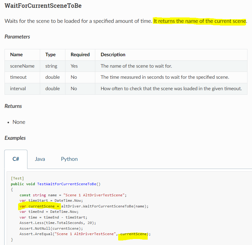 `WaitForCurrentSceneToBe` is implemented as void but in documentation presented as returning ...