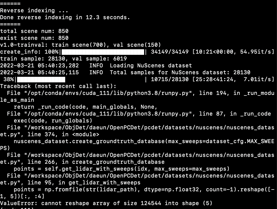 Why this reshape issue occured while preprocessing nuScences dataset? · Issue #889 · open-mmlab ...