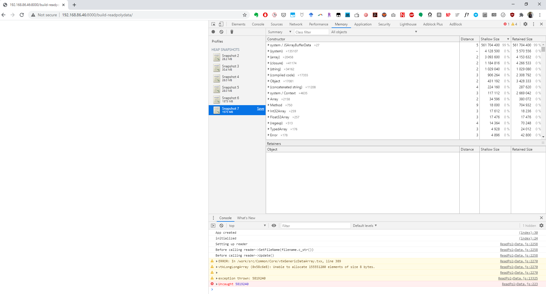 Browser unable to allocate memory when loading large file in VTK after compiling with Emscripten ...