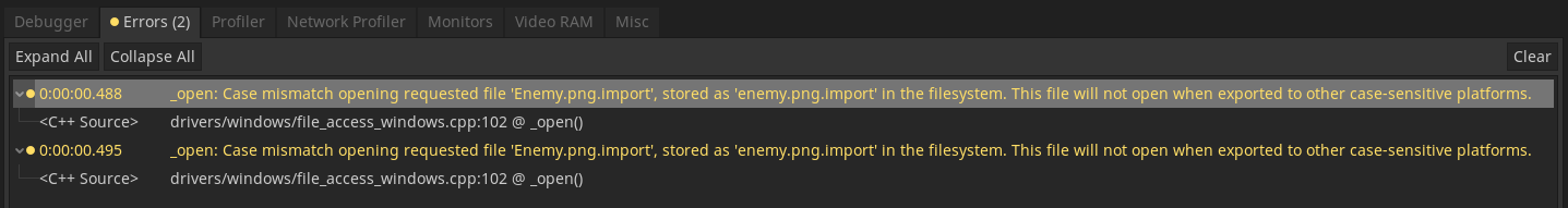 Case mismatch opening requested file 'Enemy.png.import', stored as 'enemy.png.import' in the ...