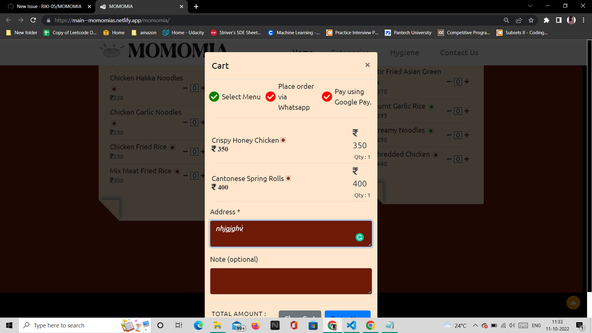 Replace the red tick marks with whatsapp icon and gpay icon in the cart ...