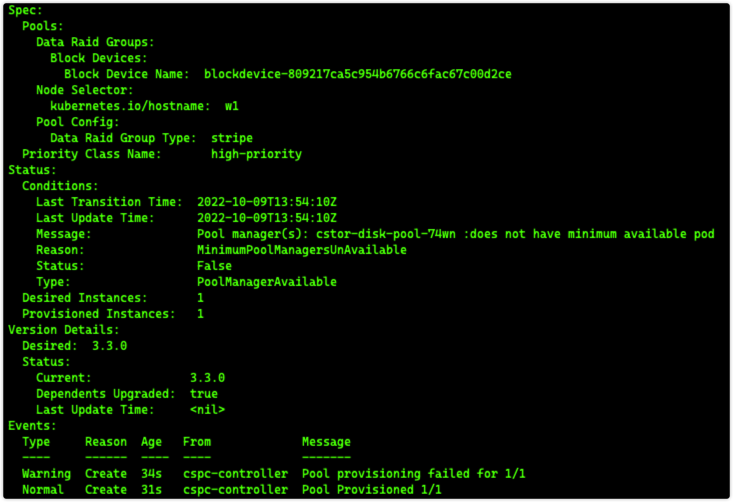 create cspc, get an error " failed to update cspc cstor-disk-pool ...