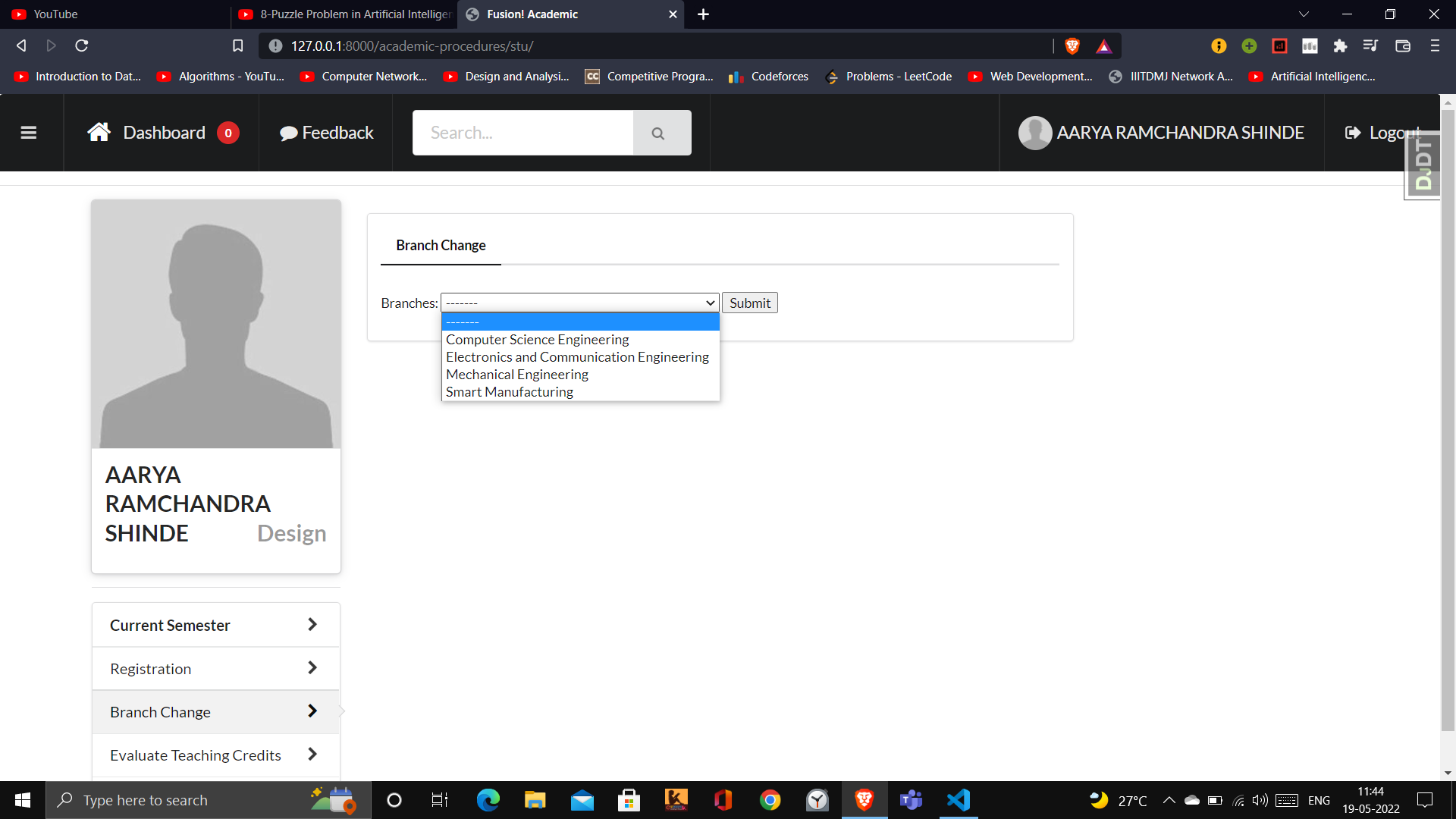 Branch change option is available for all UG student but it should only ...