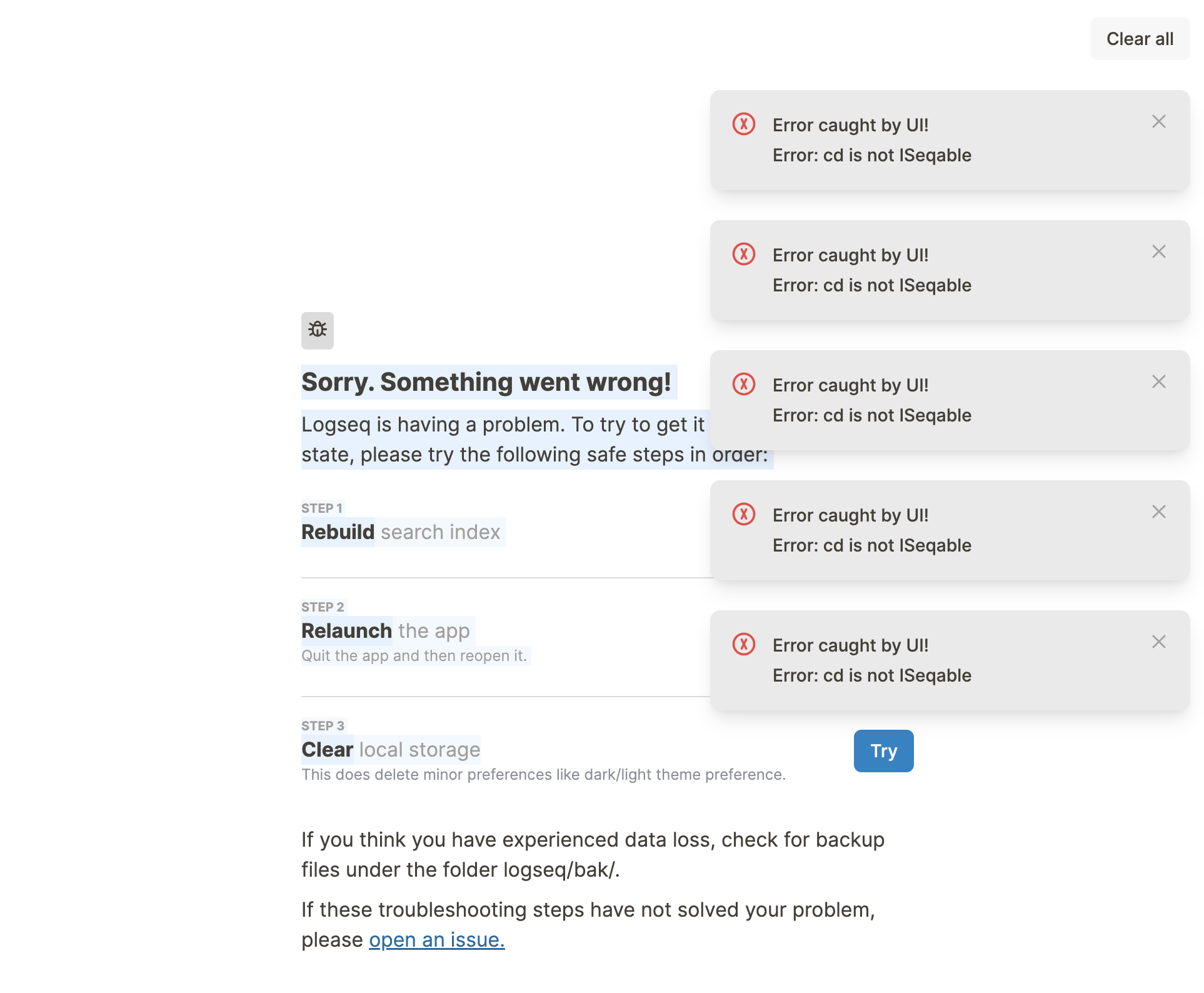 Version 0.8.14 fails to start after upgrade · Issue #7834 · logseq/logseq · GitHub