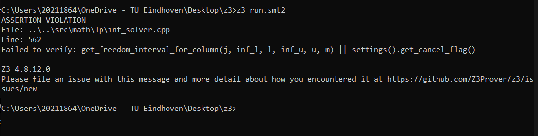 Z3 error "ASSERTION ERROR" · Issue #5684 · Z3Prover/z3 · GitHub