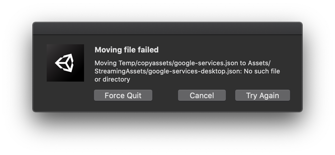 [Bug] Moving File Failed - google-services-desktop.json · Issue #980 · firebase/quickstart-unity ...