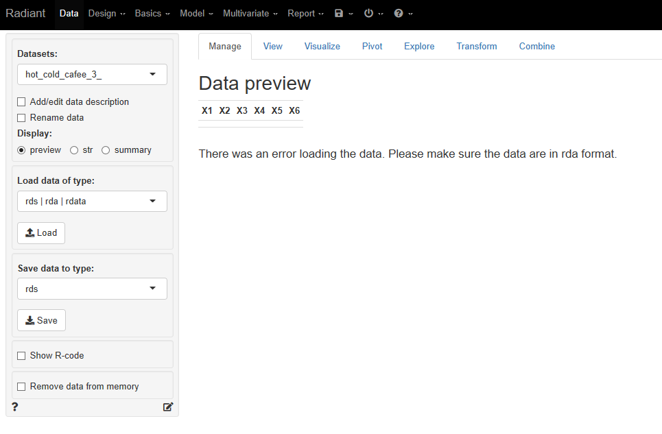 Radiant loading error "There was an error loading the data. Please make sure the data are in rda ...