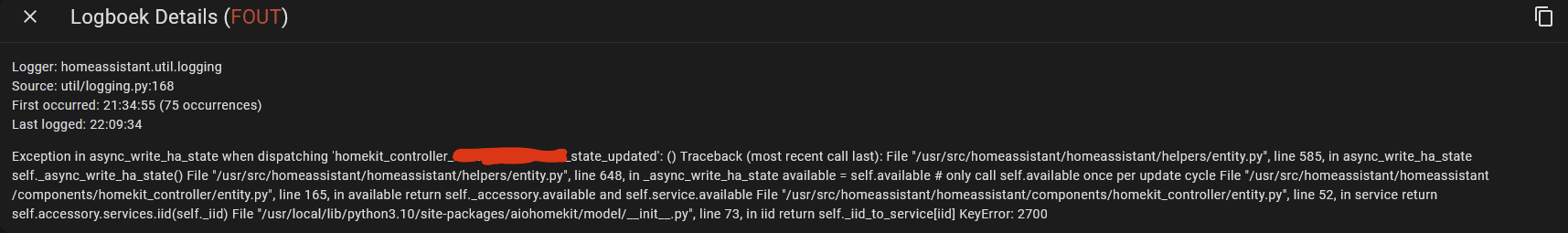 Exception in async_write_ha_state when dispatching homekit_controller_XX:XX:XX:XX:XX:XX_state ...