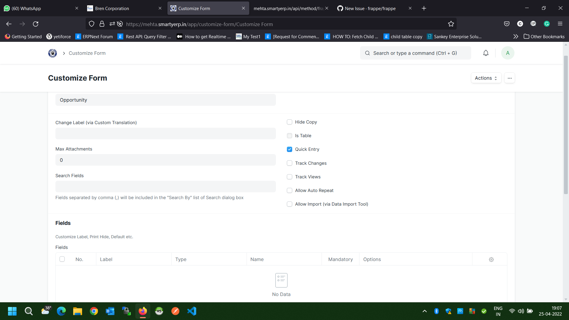 Customize Form , nothing being populated in latest develop - working in ...