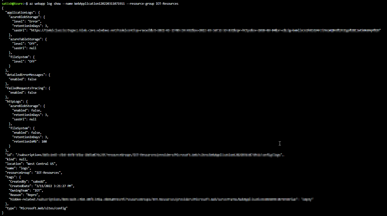 How to specify the storage account and container when using az webapp log config with ...