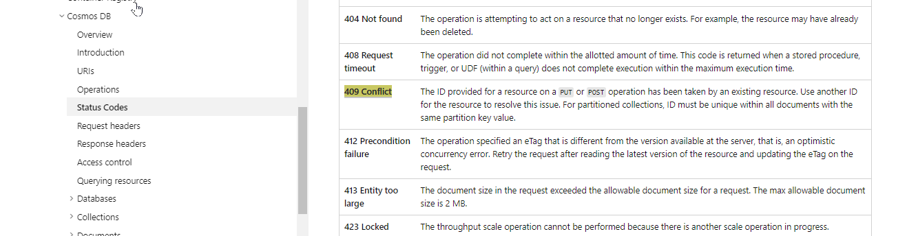 UpsertItemAsync throws 409 Conflict but the documentation does not ...