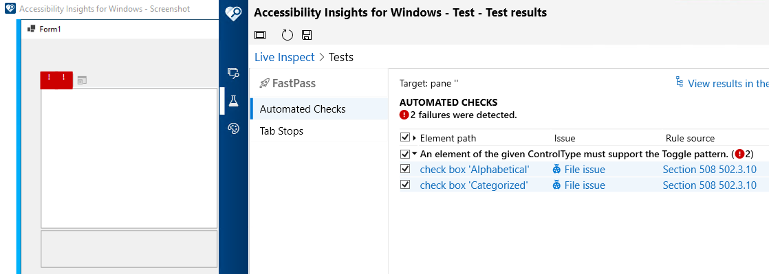 [Accessibility] An element of the given ControlType must support the Toggle pattern for ...