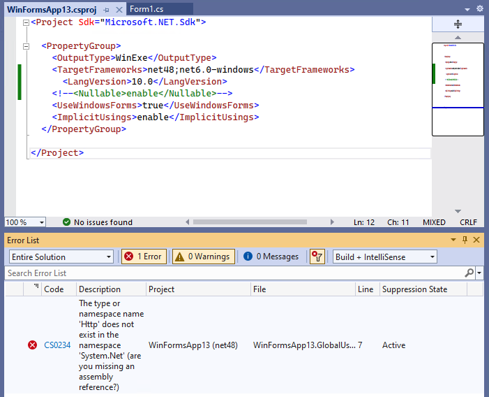 When targeting to multiple SDKs, winforms project build failed with error: CSC : error CS8630 ...