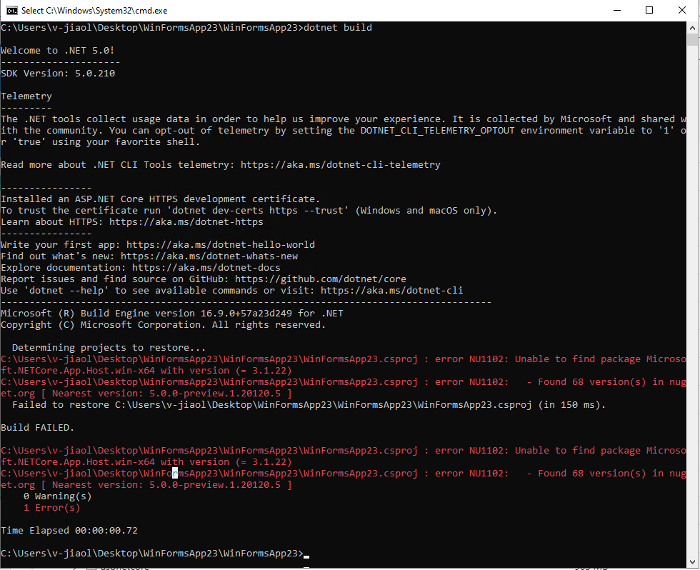 WinForms app which targeting .NET Core 3.1 is build failed on only have .NET 5.0.404-serving ...
