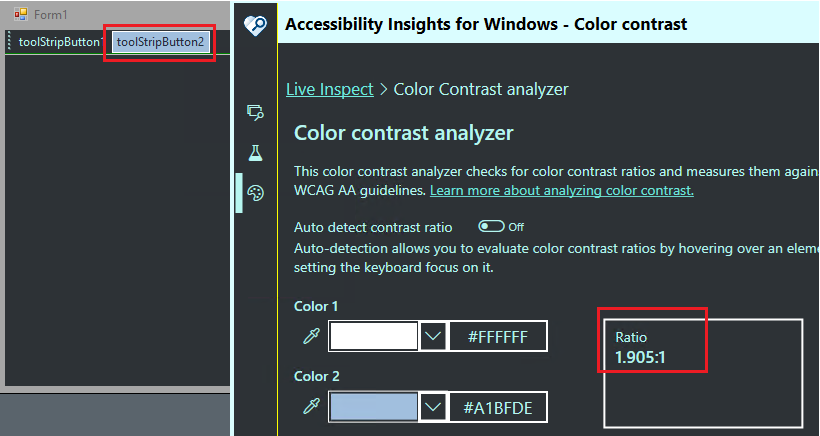 The ToolStripButton borders have low color contrast ratio in high contrast mode on win11 OS ...