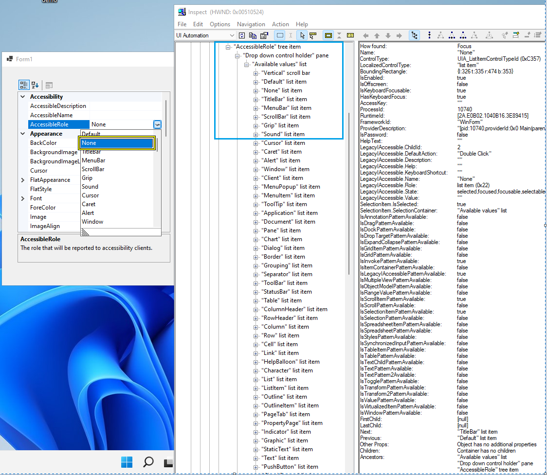Inspect can't find PropertyGrid's highlighted dropdown list in the accessibility tree · Issue ...