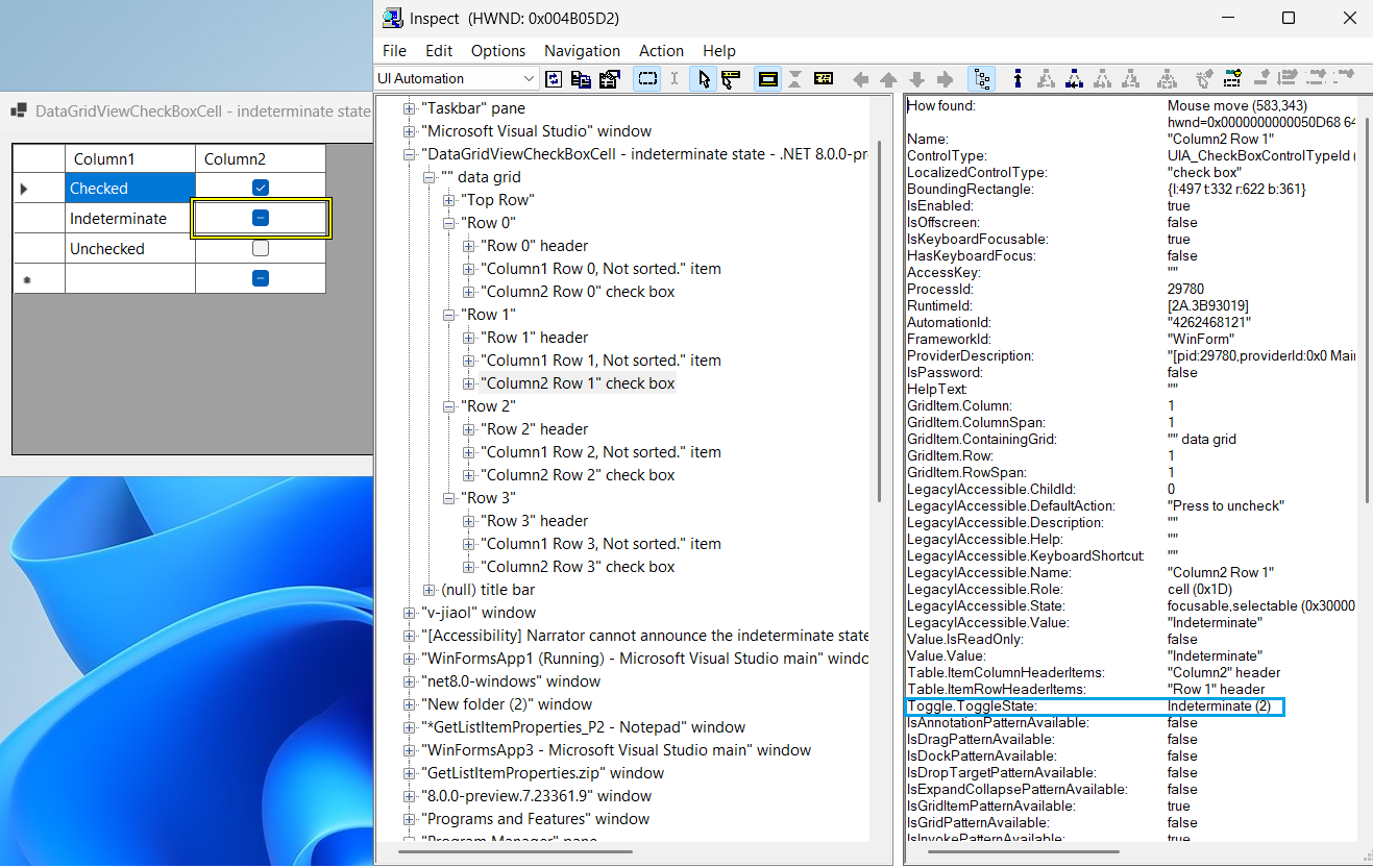 [Accessibility] Narrator cannot announce the indeterminate state of DataGridViewCheckBoxCell ...