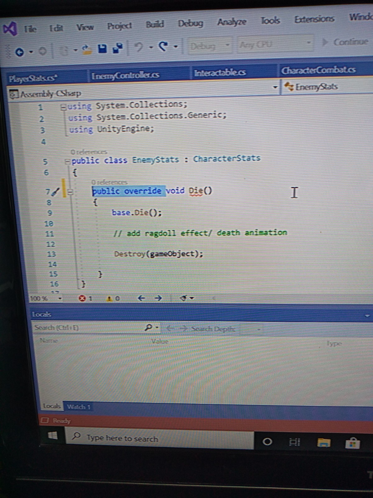 Issue with following Brackeys RPG tutorial: EnemyStats.Die() cannot override inherited member ...
