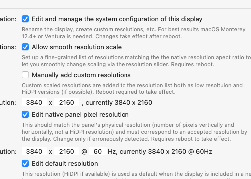After setting the monitor's scaling ratio and HiDPI the 4k screen ...