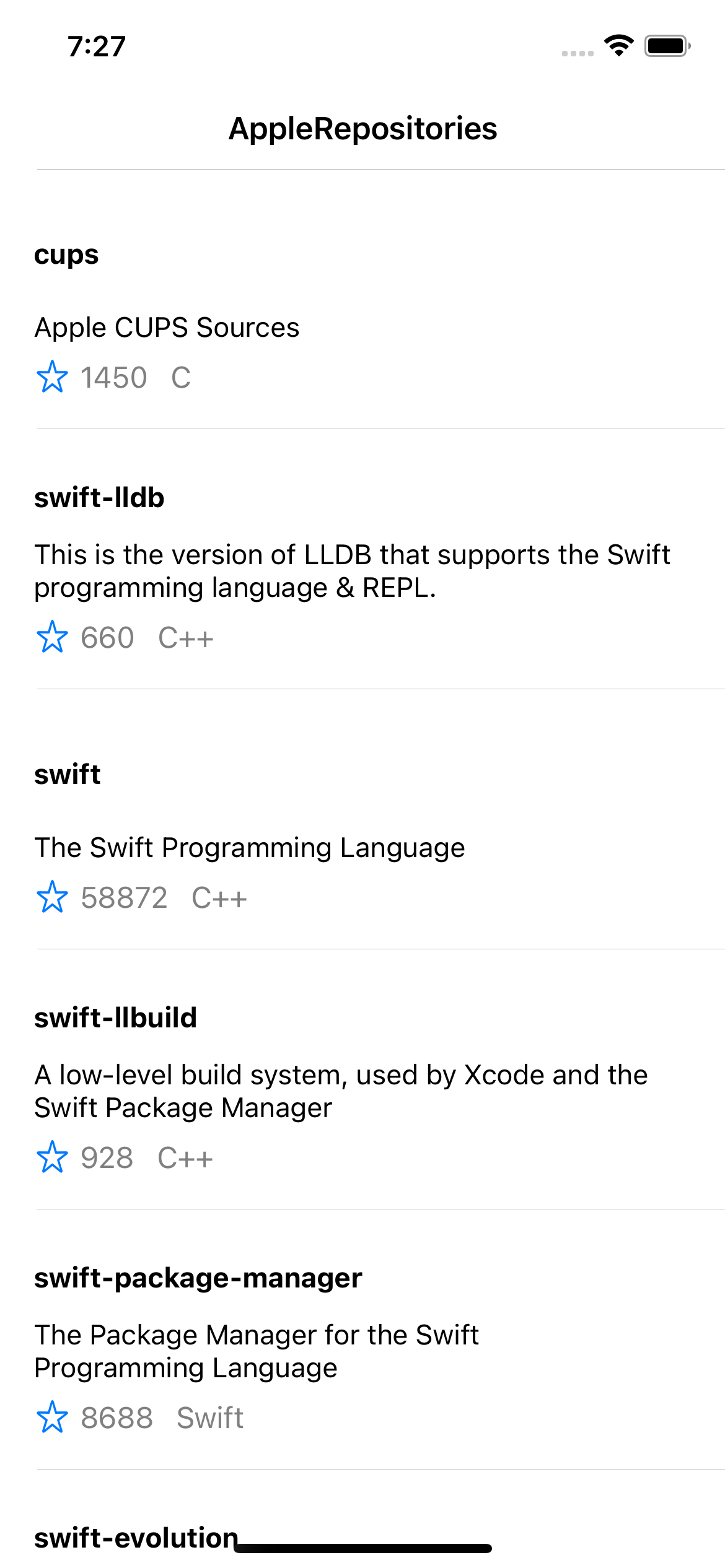 GitHub - wendy-roh/GitHubRepository: 깃허브 repository API를 받아오는 프로젝트 (Apple 깃허브와 연결)