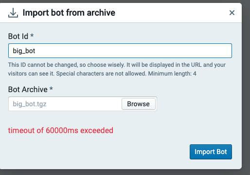 Import of a big bot returns error · Issue #1078 · botpress/v12 · GitHub