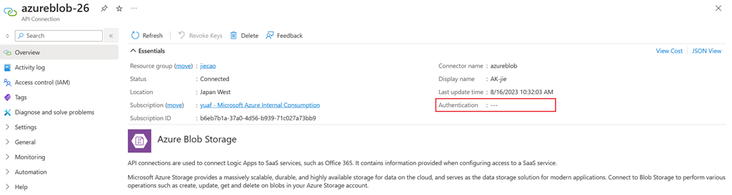 Logic app consumption cannot show the authentication type of API connection (except Managed ...