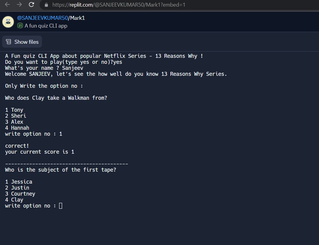 GitHub - isanjeev23/13reasons-why-cli-quiz: Quiz - 13 Reasons Why