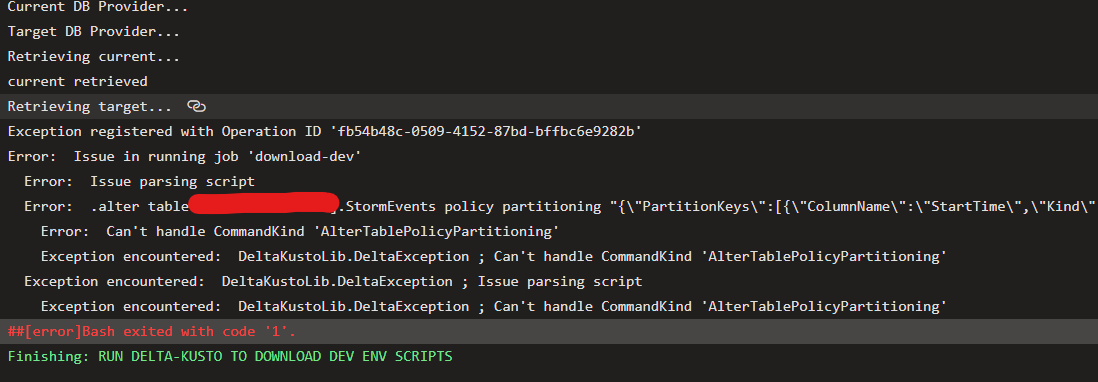 Delta kusto fails if there is any partitioning policy command identified in the database ...