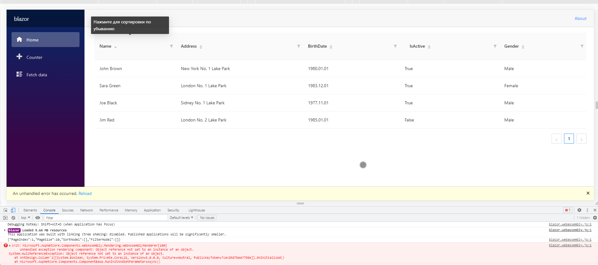Can't use table component with Build-in Filters NullRefferenceExcepcion ...