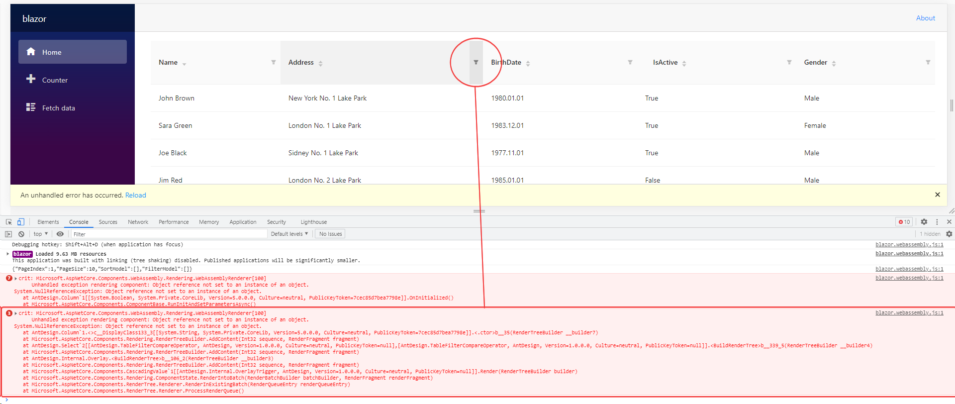 Can't use table component with Build-in Filters NullRefferenceExcepcion ...