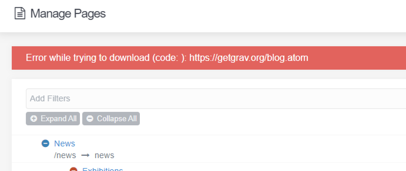 Error while trying to download (code: ): https://getgrav.org/notifications.json?1588009582 ...