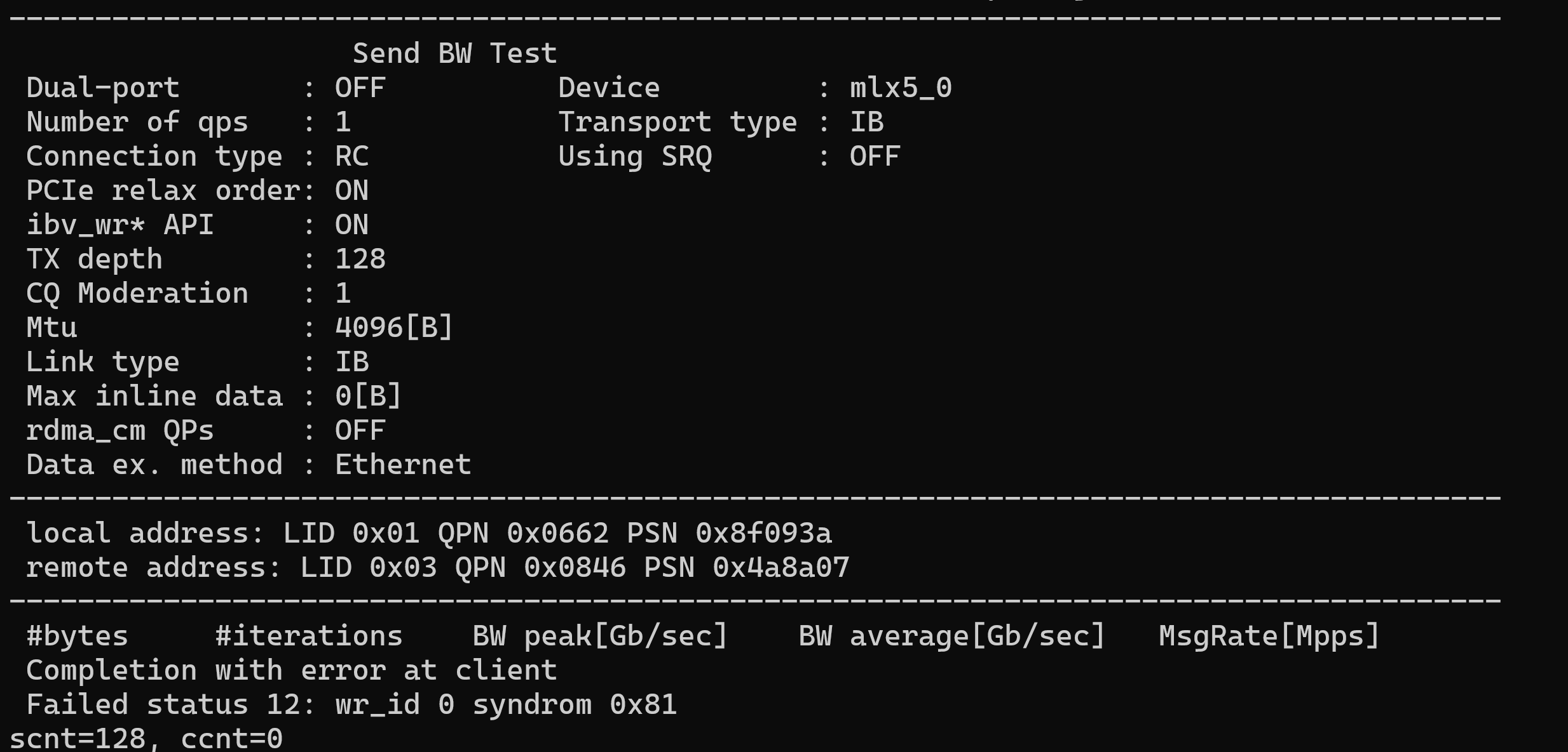 ib_send_bw (perftest) get ERROR： Completion with error at client Failed ...