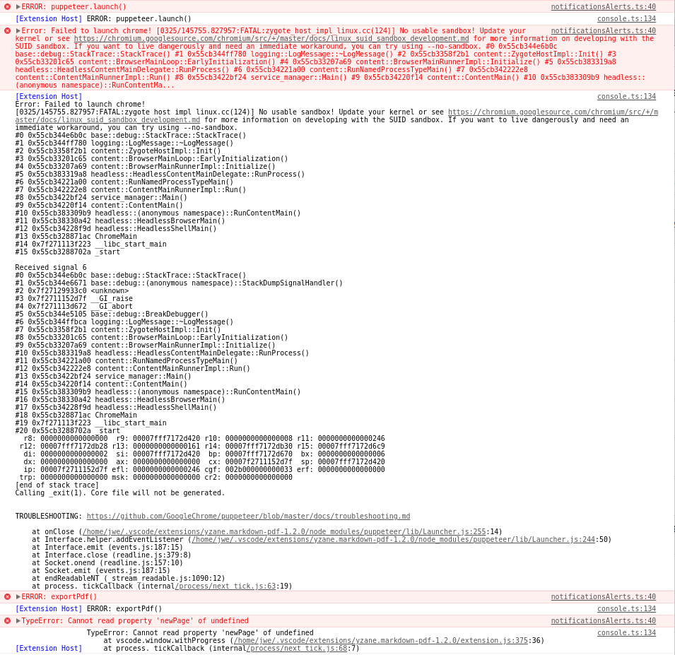 Does not work at all / crashes on usage · Issue #121 · yzane/vscode-markdown-pdf · GitHub