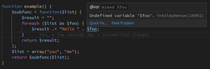 Problem with variables in subfunction · Issue #485 · bmewburn/vscode-intelephense · GitHub