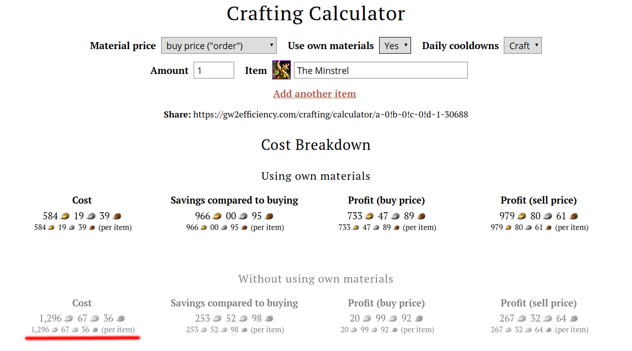 Crafting Cost changes w/ and w/o own materials · Issue #1305 · gw2efficiency/issues · GitHub