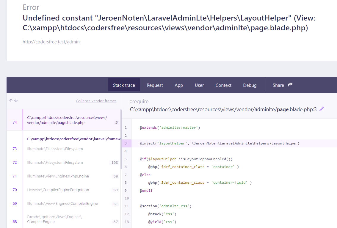 "Undefined constant 'JeroenNoten\LaravelAdminLte\Helpers\LayoutHelper' (View: C:\laragon\www ...